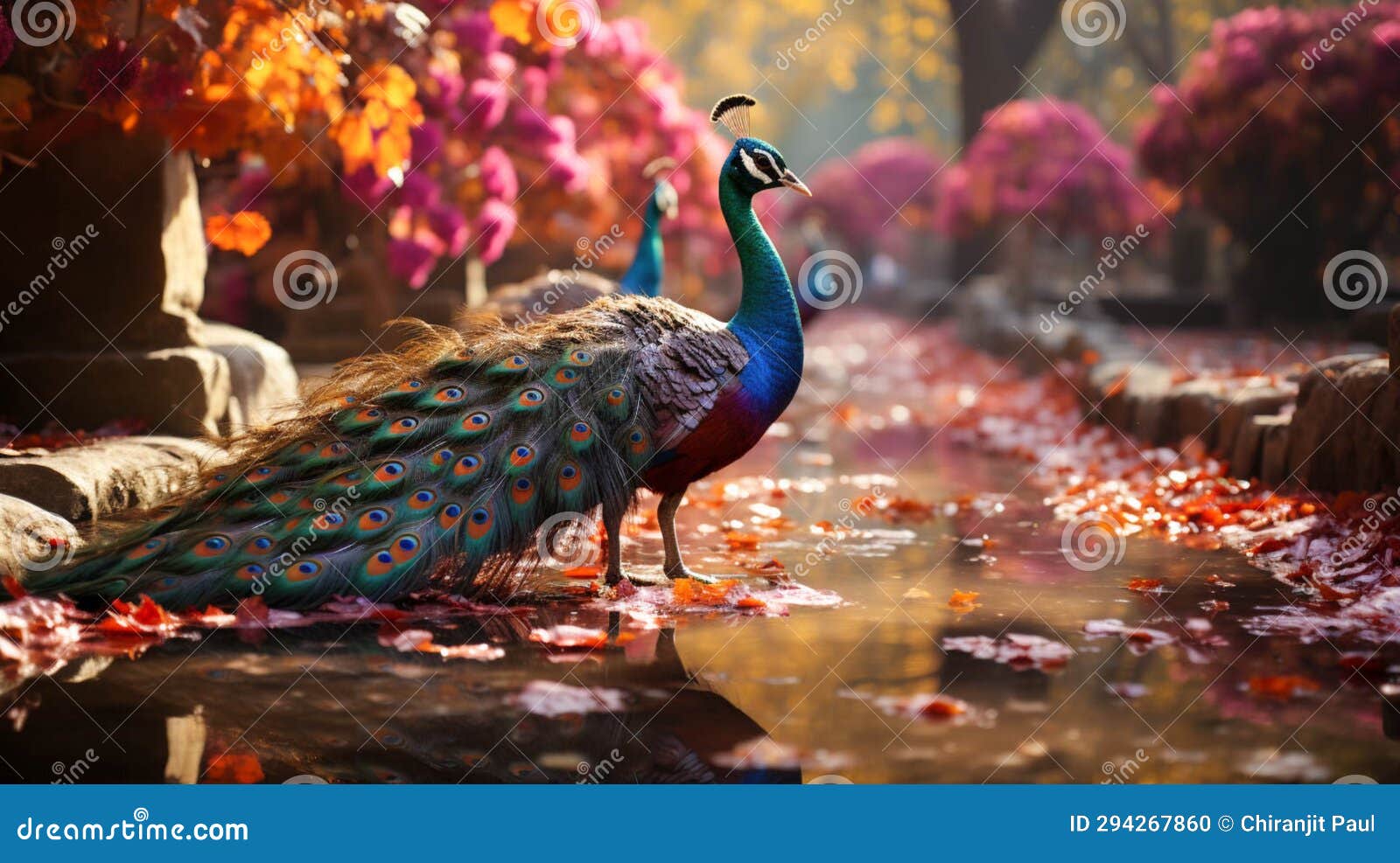 A Group Peacock Playing in Autumn Leaves Fallen Path Park Stock Photo ...