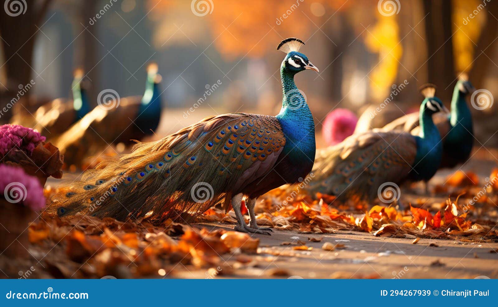 A Group Peacock Playing in Autumn Leaves Fallen Path Park Stock Image ...