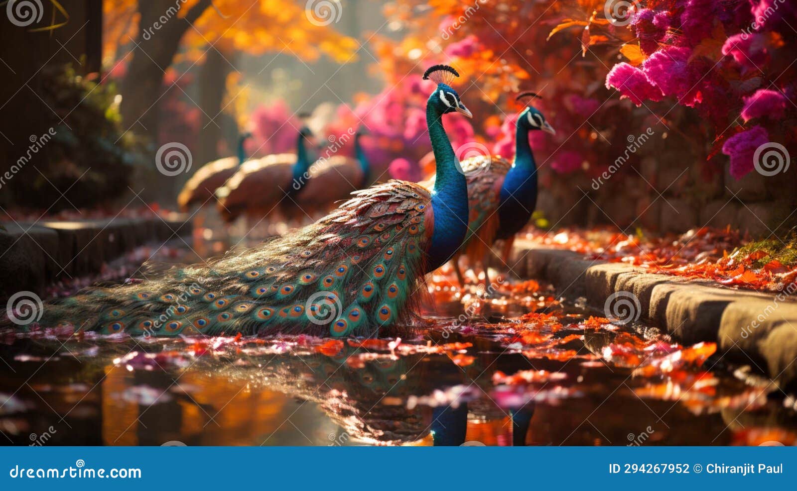 A Group Peacock Playing in Autumn Leaves Fallen Path Park Stock Photo ...