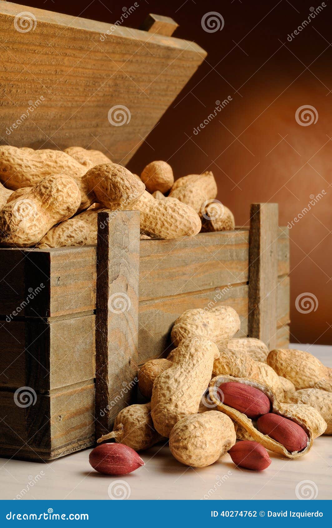 Group of Peanuts on with Trunk Wooden Container Vertical Composition ...