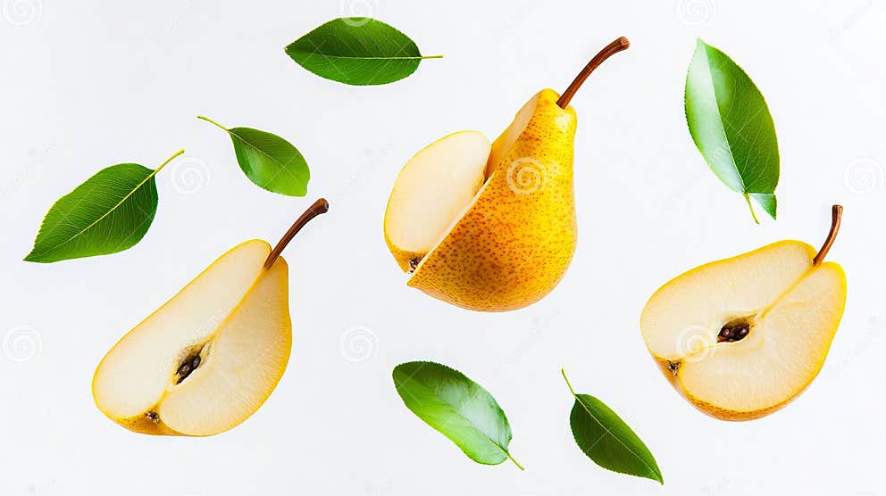 A Group of Pears with Leaves Flying Around Them on a White Surface ...