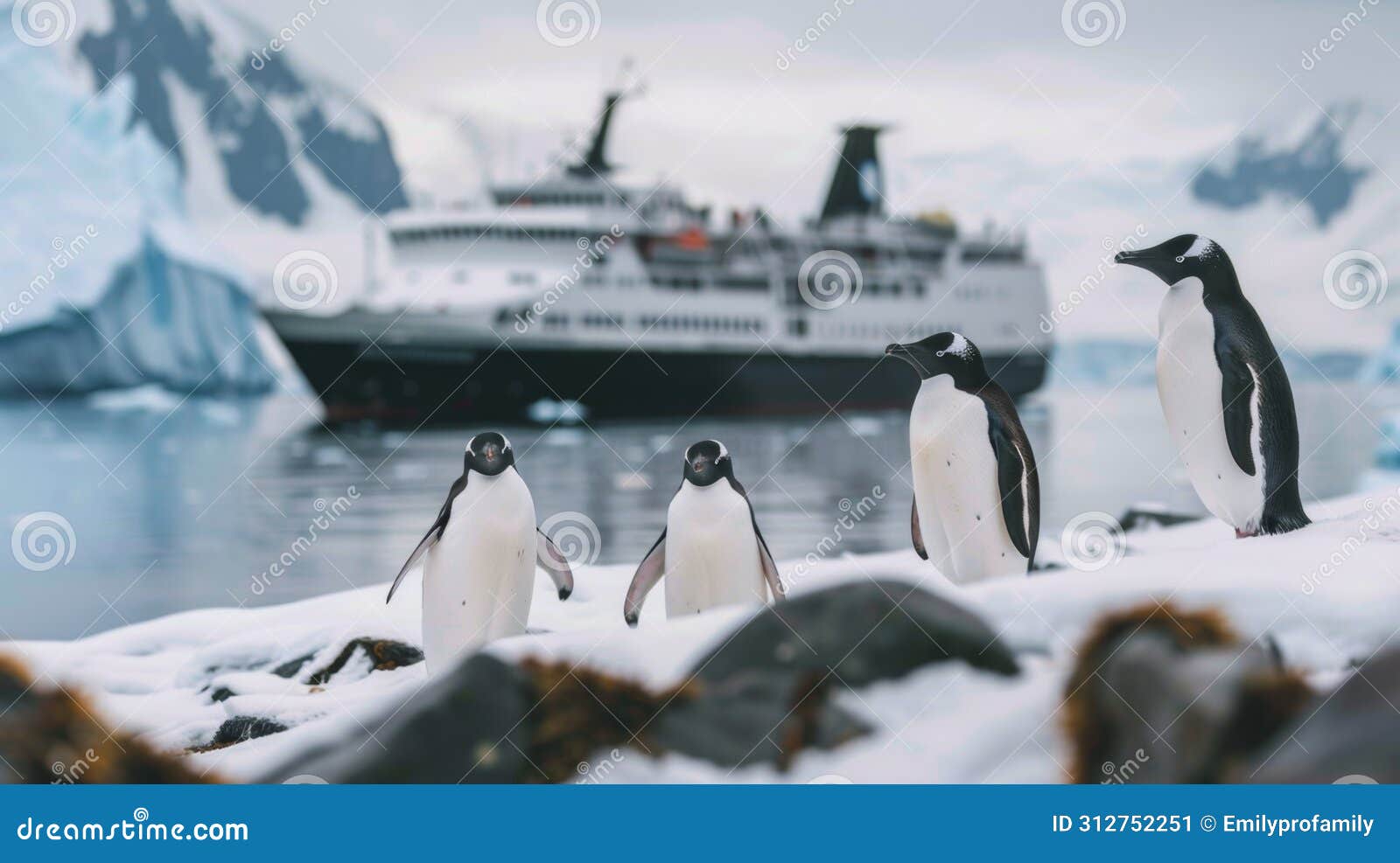 Group of Penguins Standing in Front of a Cruise Ship Stock Image ...