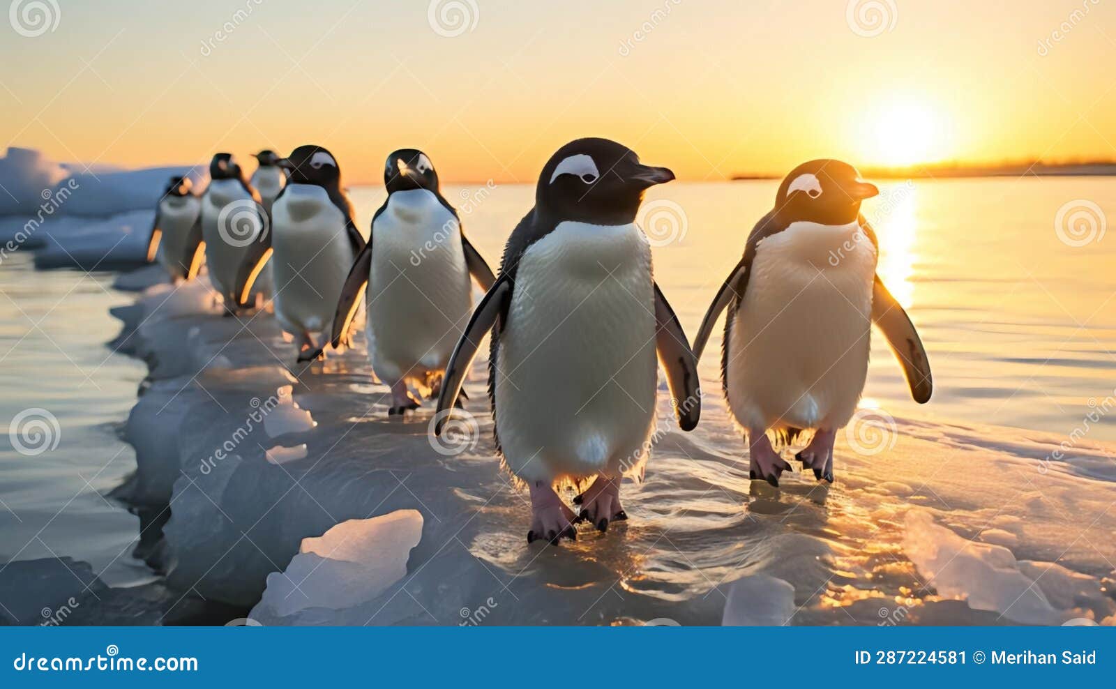 A Group of Penguins Waddling Along an Icy Shoreline. AI Generative ...