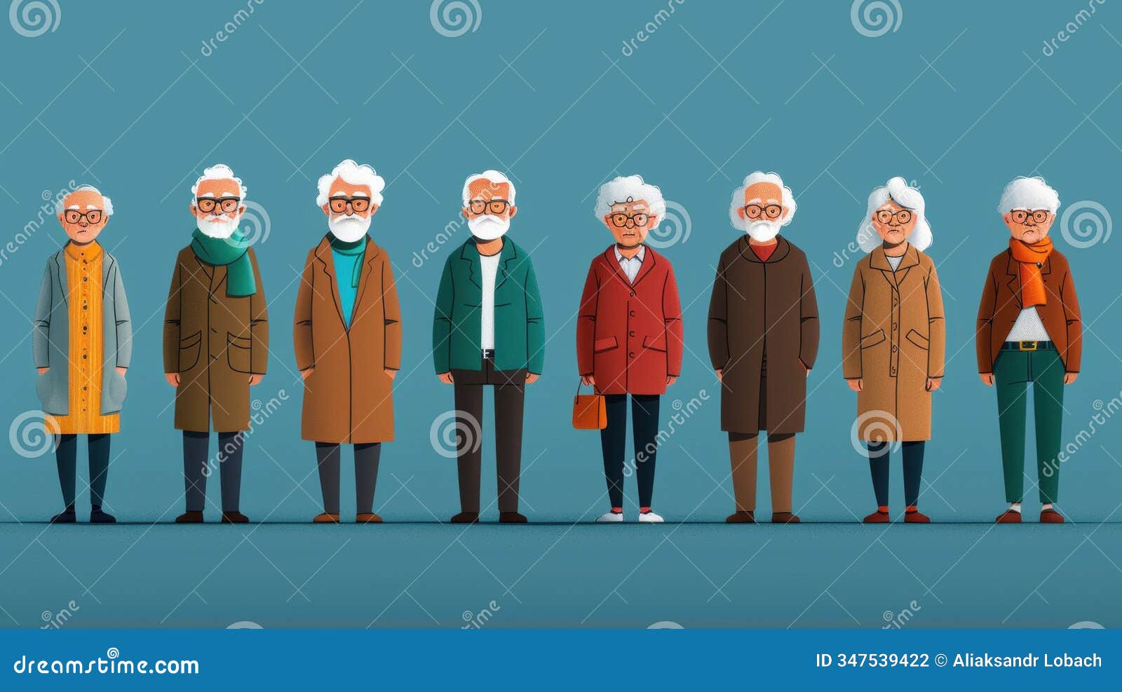 Group of Pensioners on Blue Isolated Background. Illustration Stock ...
