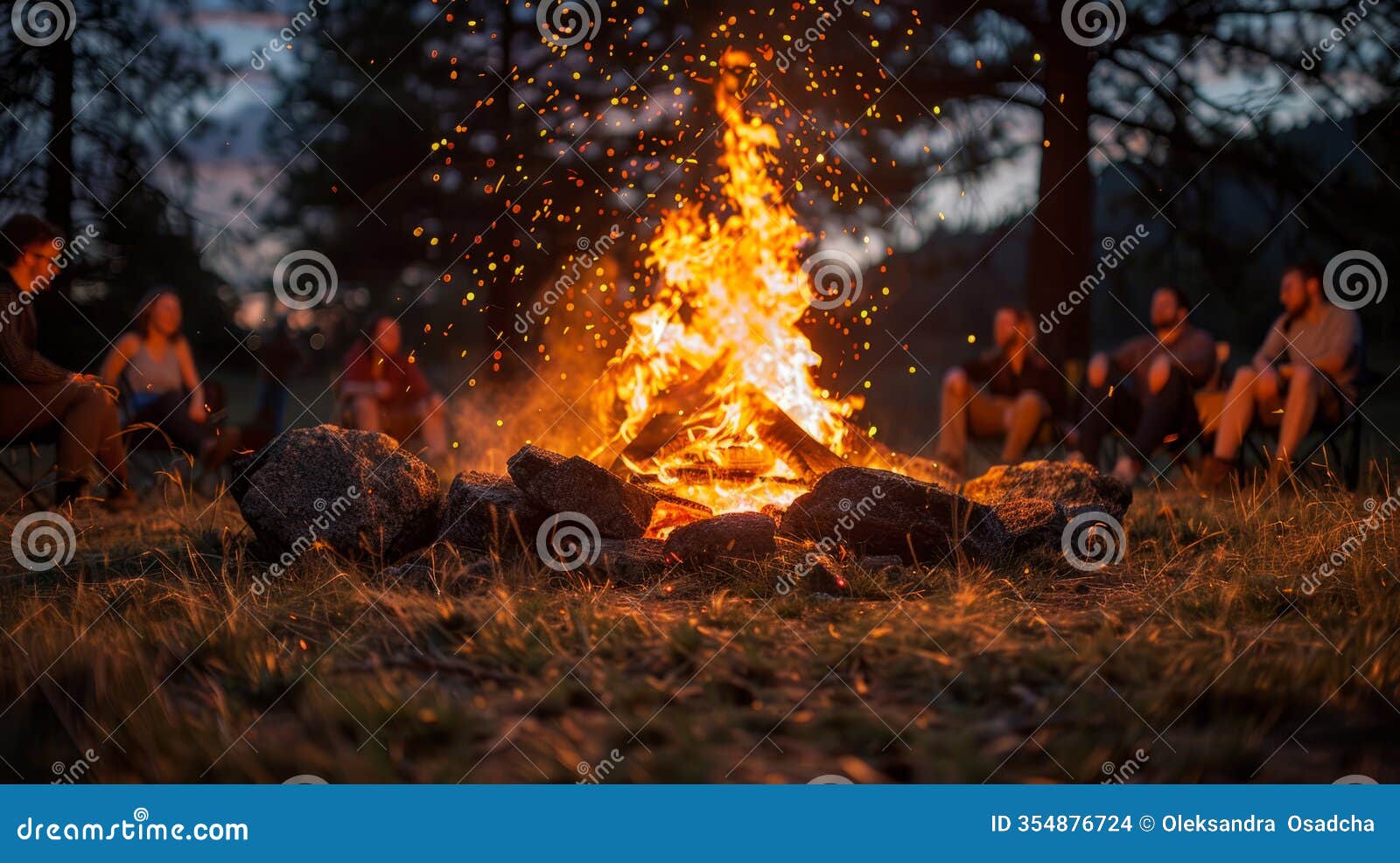 Group of People Around a Campfire at Dusk Stock Photo - Image of ...