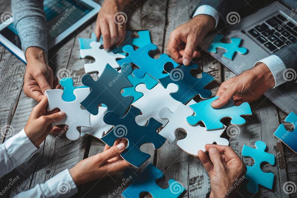 Group of People Assembling Large Puzzle Pieces on Table. Stock Image ...