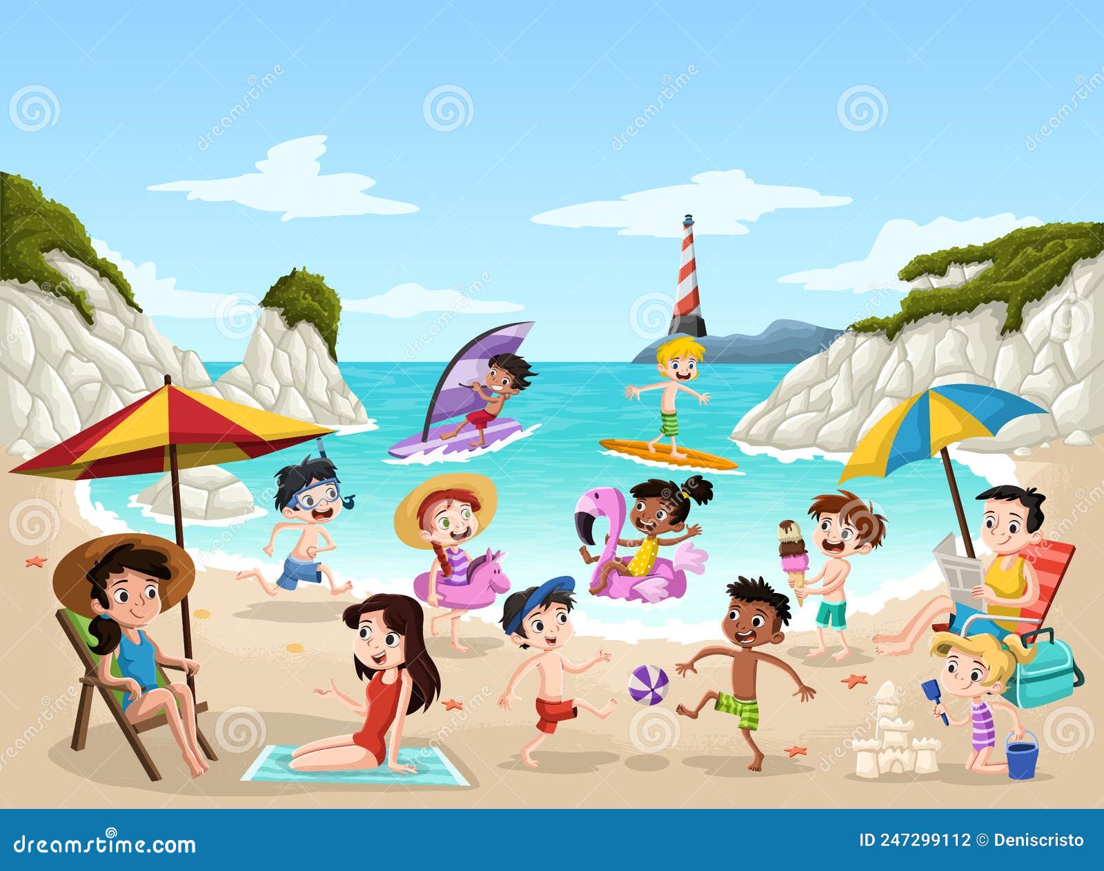 Group of People on Beautiful Beach. Stock Vector - Illustration of ...