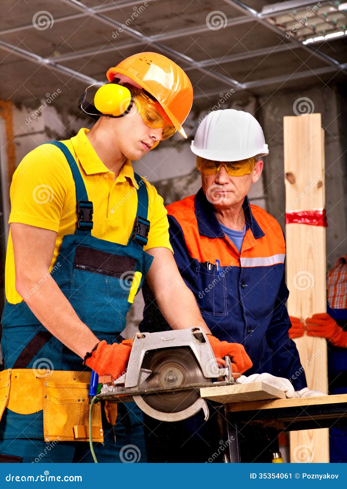 Group People Builder with Circular Saw . Stock Image - Image of elder ...