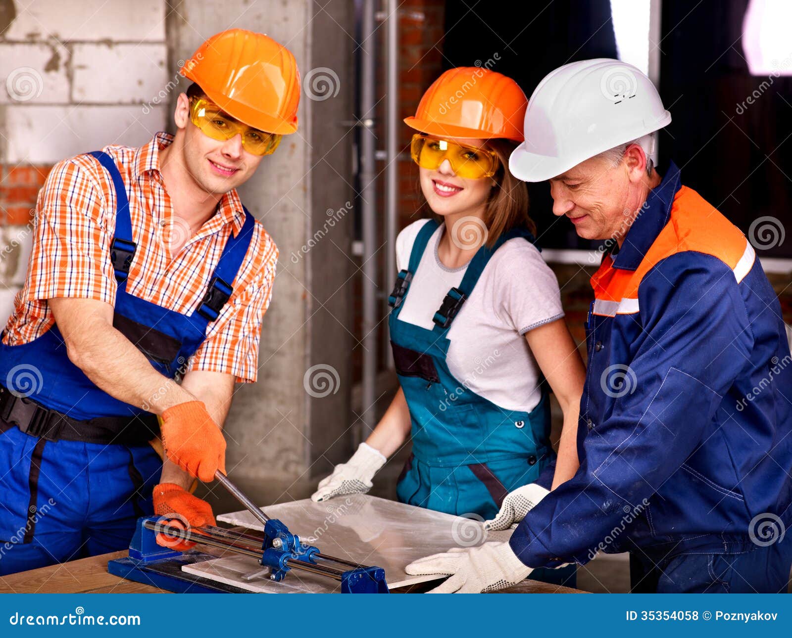 Group People Builder Cutting Ceramic Tile. Stock Photo - Image of ...
