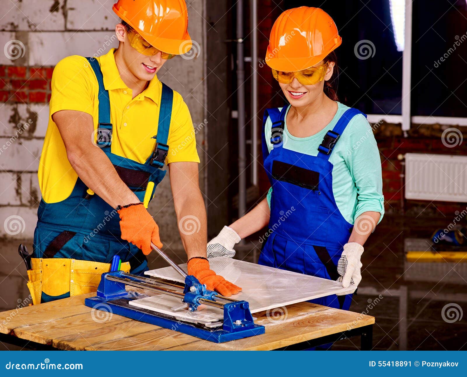 Group People Builder Cutting Ceramic Tile Stock Image - Image of ...