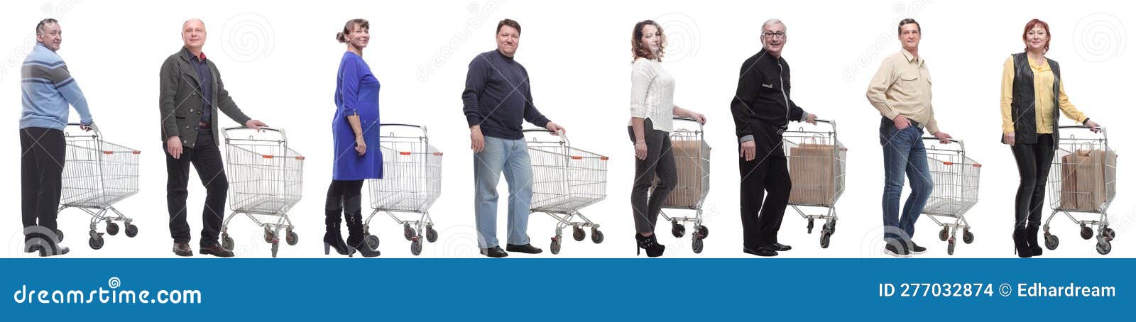Group of People with Cart Isolated on White Stock Photo - Image of ...
