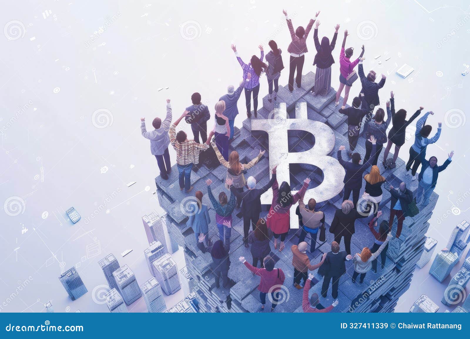 Group of People Celebrating on Bitcoin Symbol Platform Stock Image ...