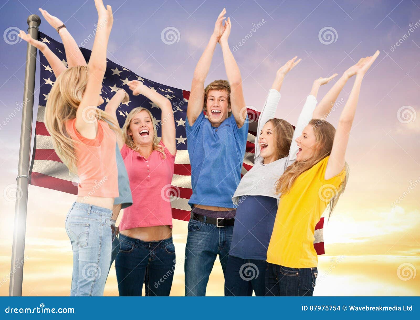 Group of People Cheering Against American Flag Stock Photo - Image of ...