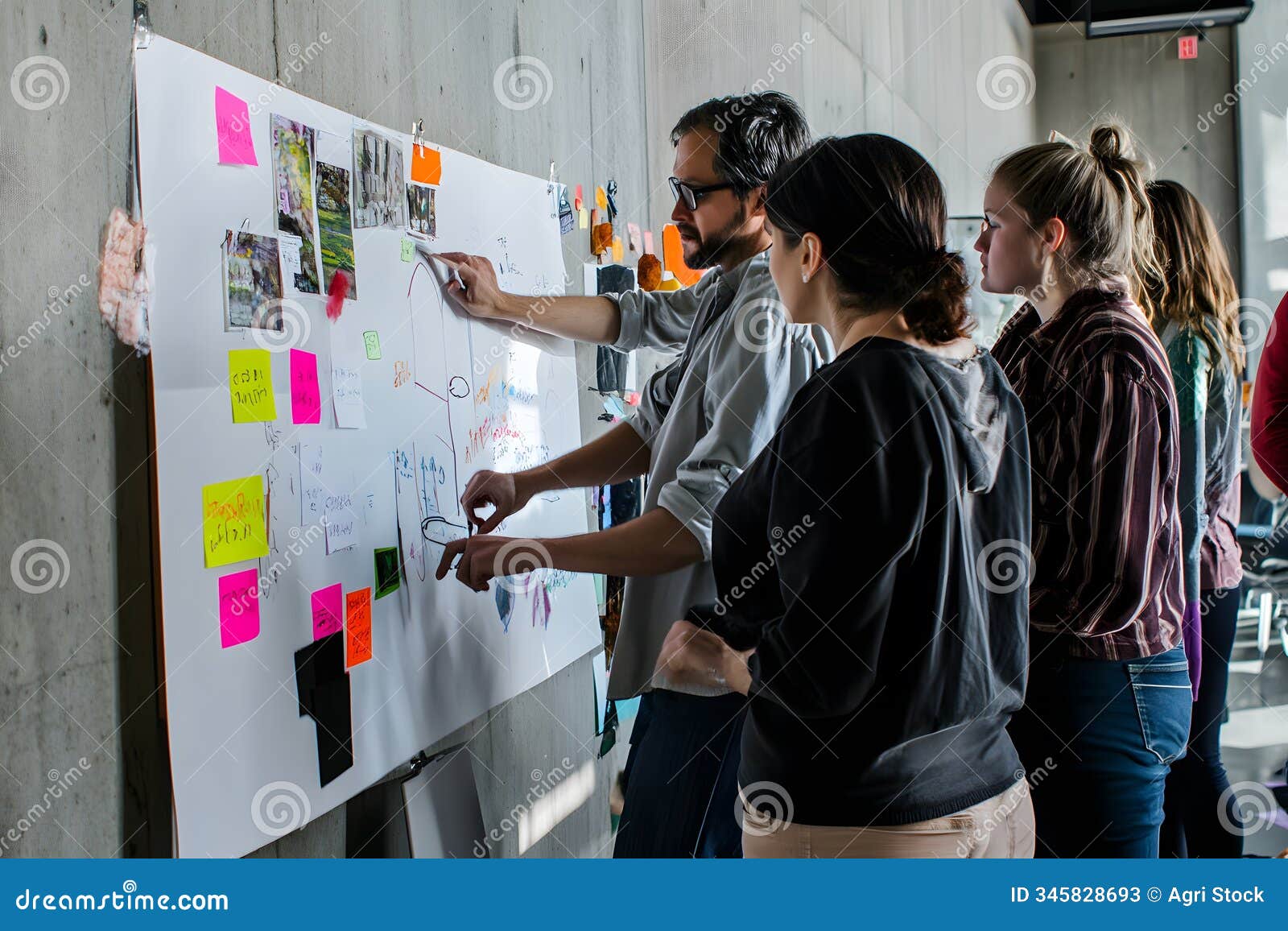 A Group of People Collaborating on a Whiteboard with Sticky Notes and ...