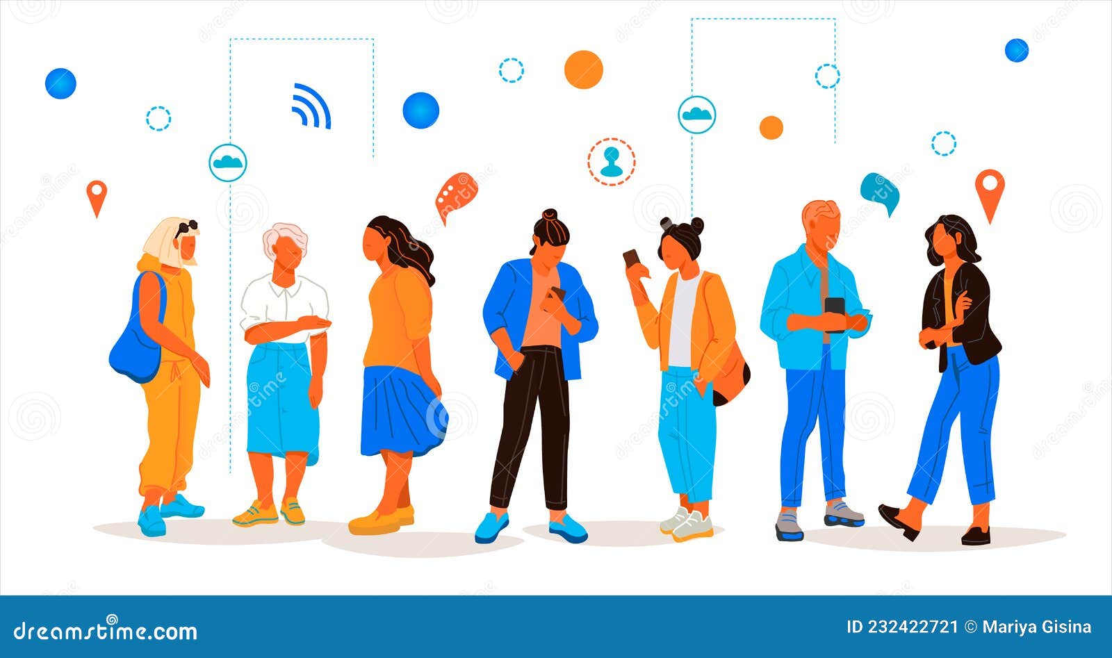 Group of People Communicate in Internet Using Phones and Talking, Flat ...