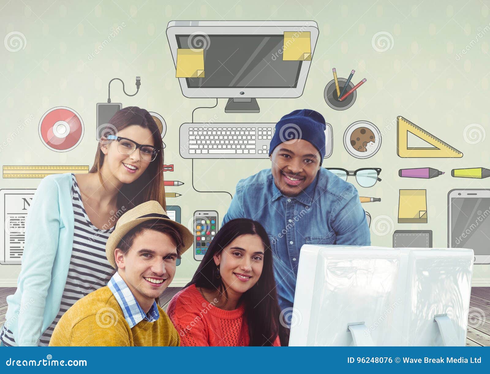 Group of People on Computer in Front of Office Desk Graphics Stock ...
