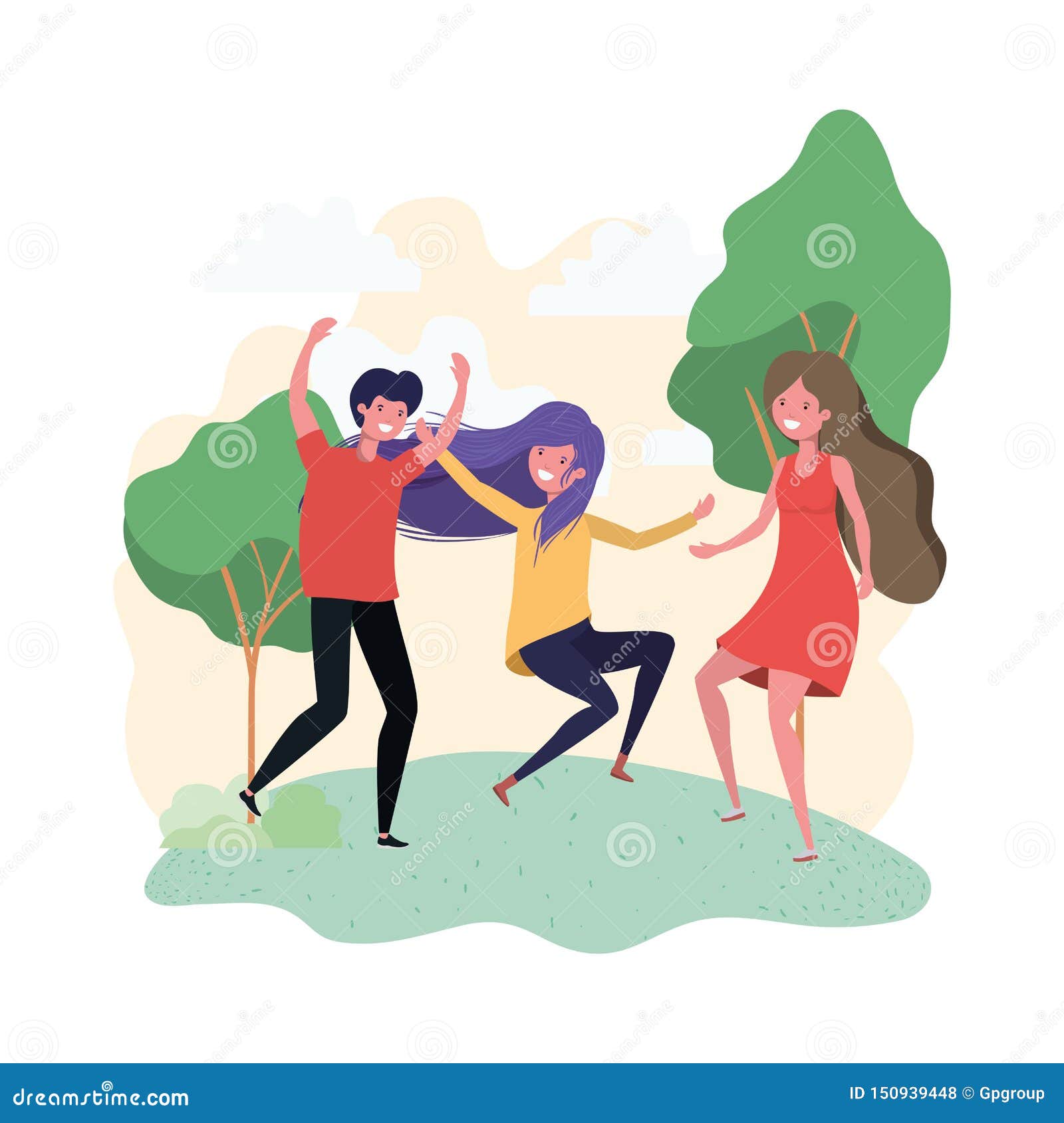Group of People Dancing in Landscape with Trees and Plants Stock Vector ...