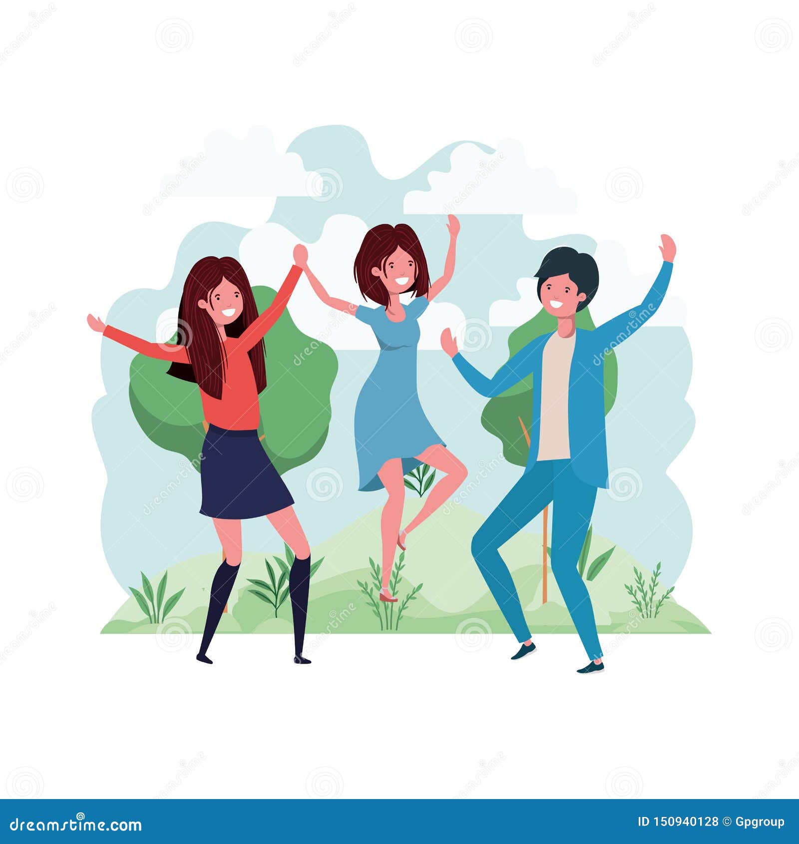 Group of People Dancing in Landscape with Trees and Plants Stock Vector ...