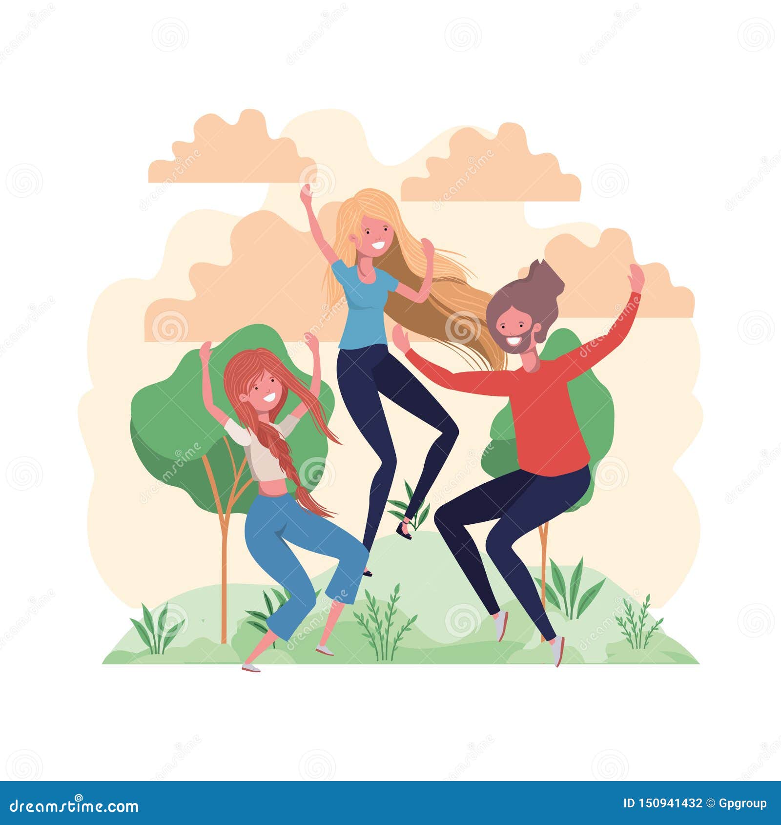 Group of People Dancing in Landscape with Trees and Plants Stock Vector ...