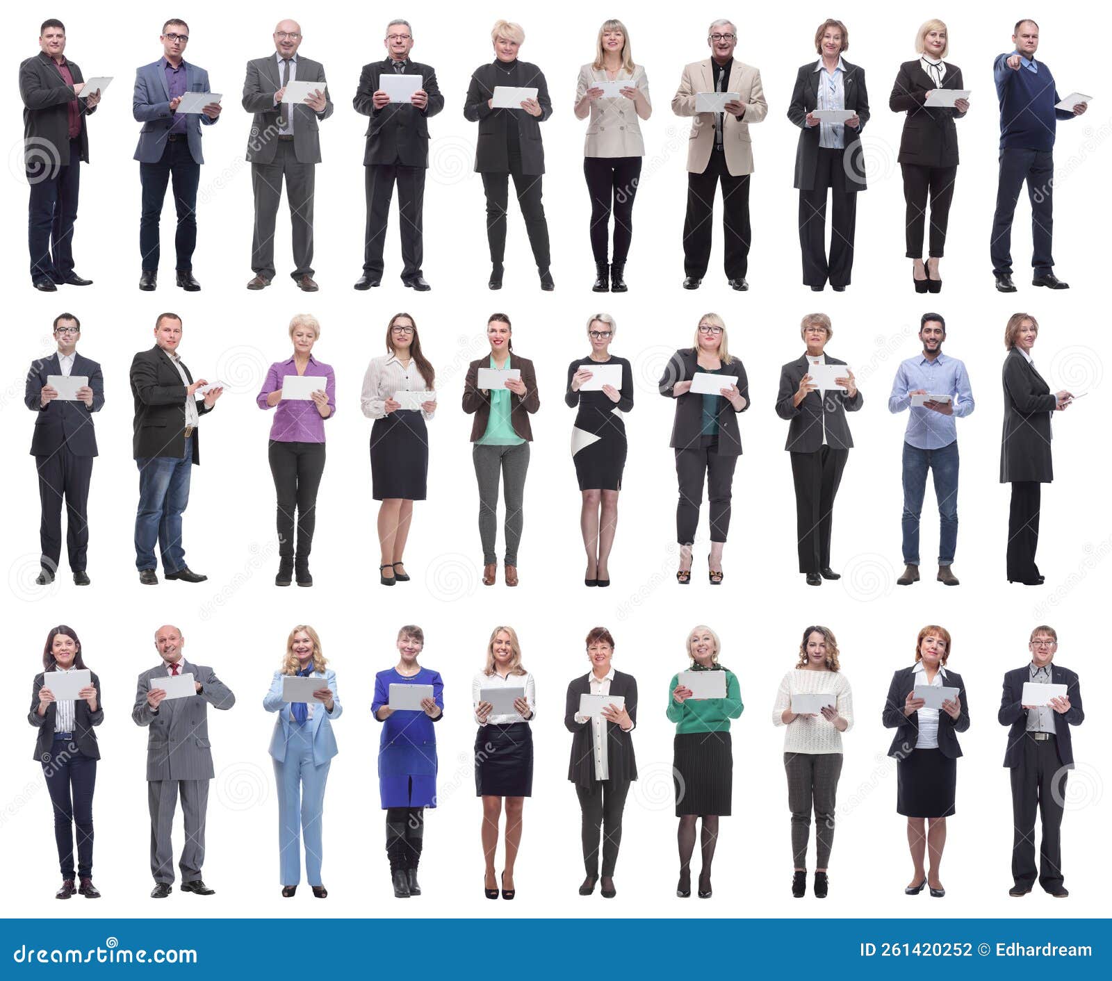 Group of People Demonstrating Tablet Looking at Camera Stock Photo ...