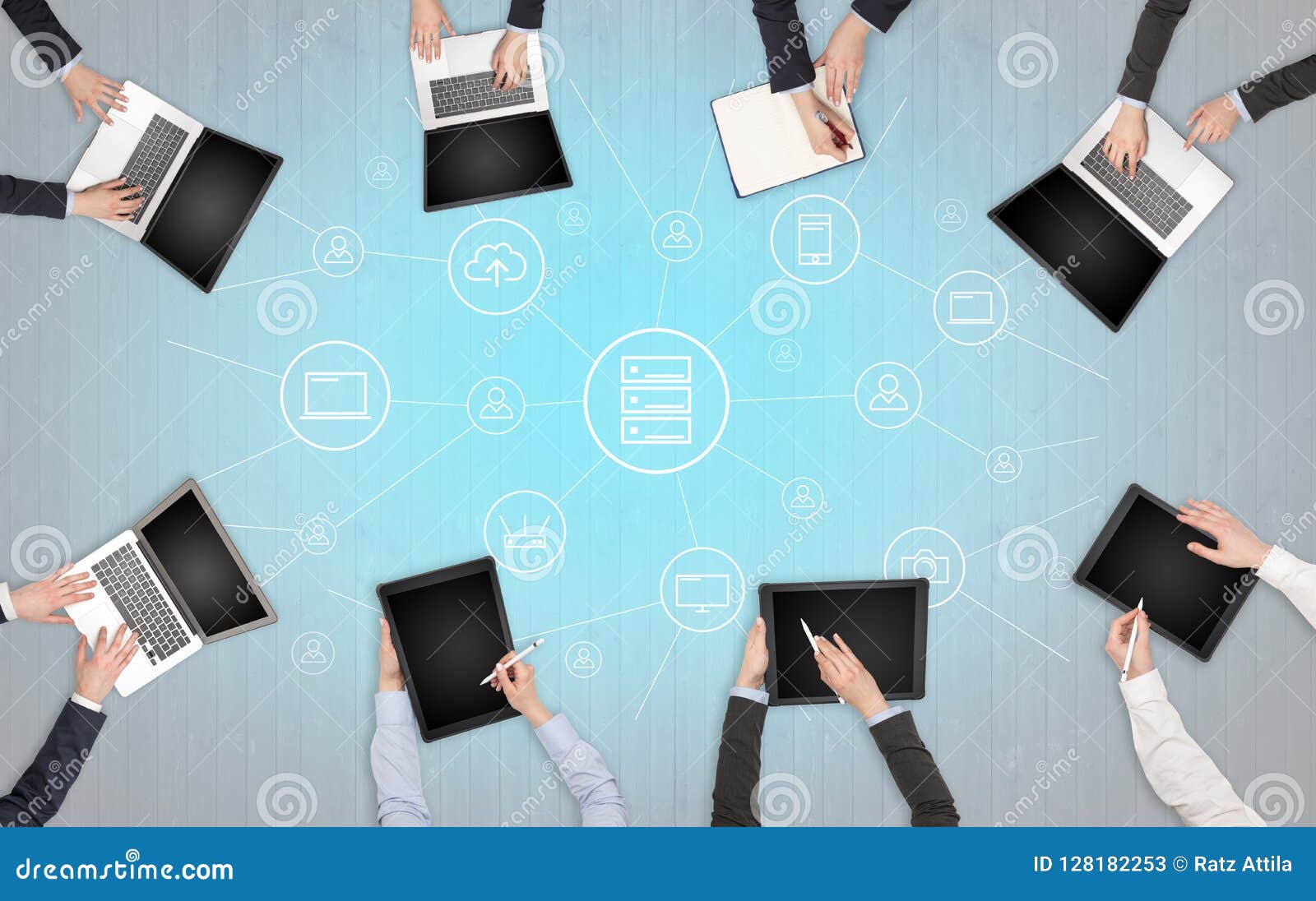 Group of People with Devices in Hands Working on Laptops and Tablets ...