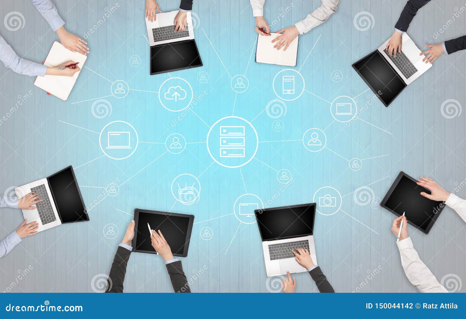 Group of People with Devices in Hands Working on Laptops and Tablets ...