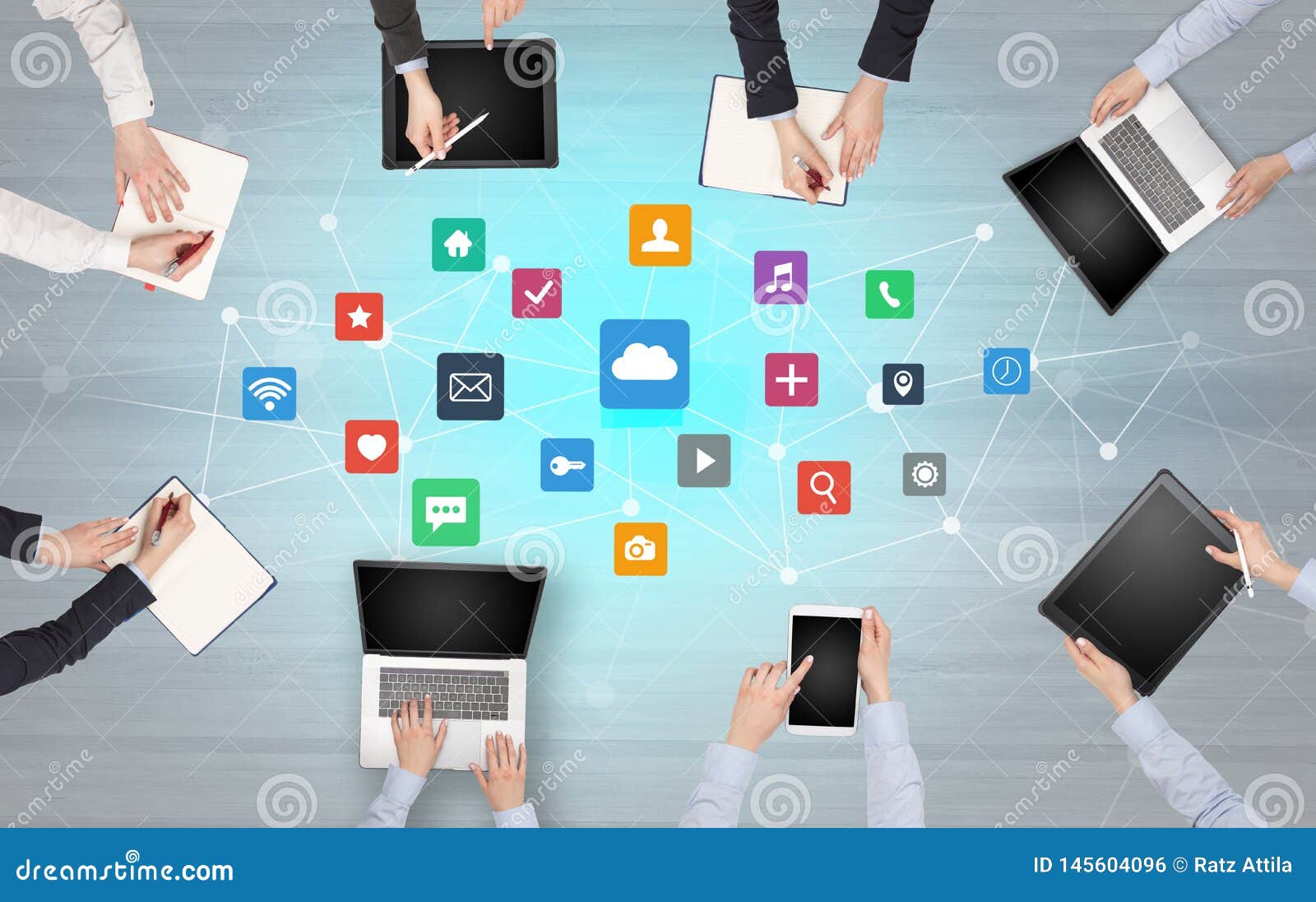 Group of People with Devices in Hands Working on Laptops and Tablets ...