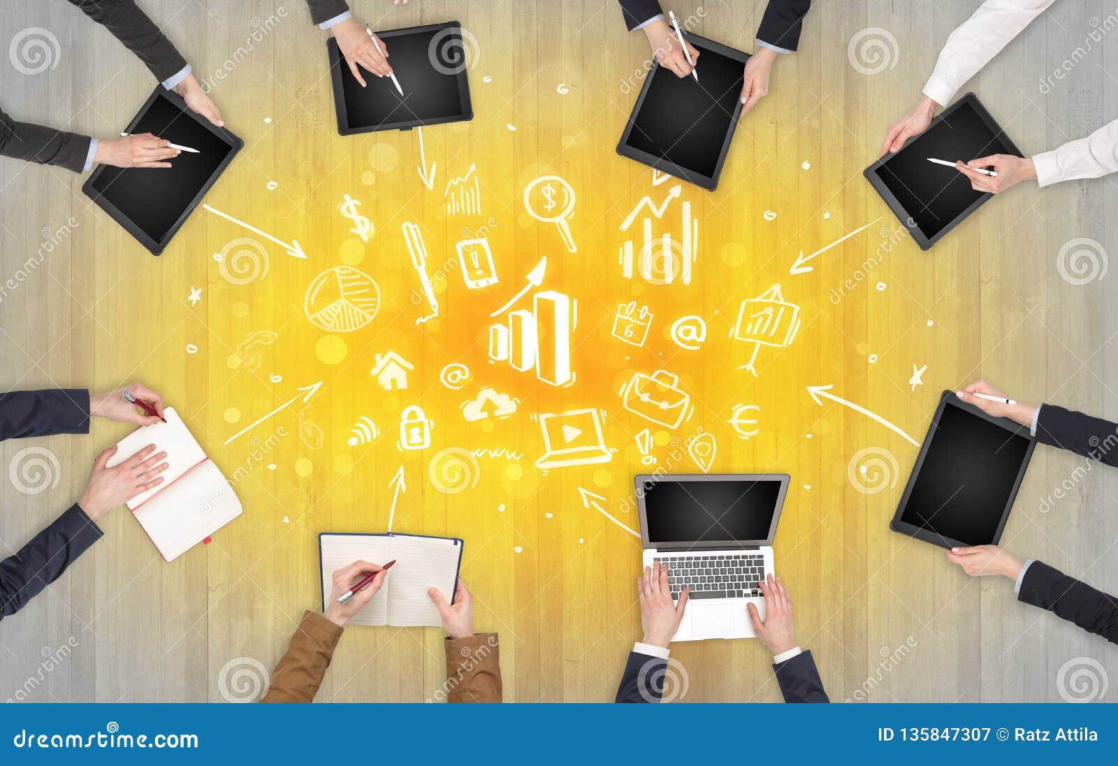 Group of People with Devices in Hands Working on Laptops, Tablets in ...