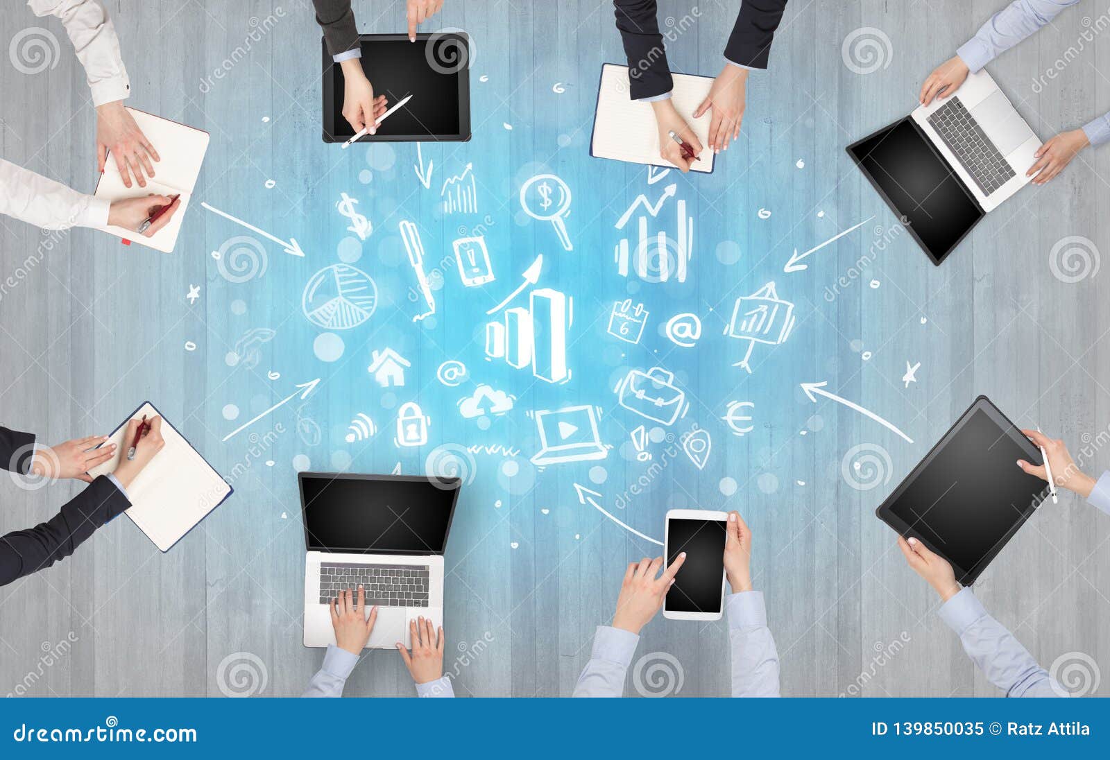 Group of People with Devices in Hands Working on Laptops, Tablets in ...