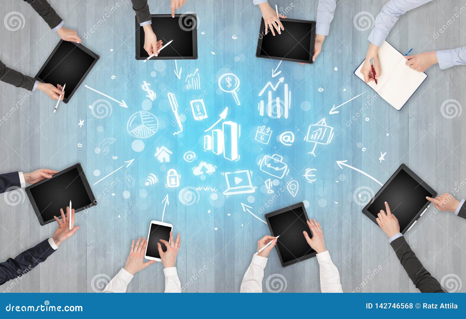 Group of People with Devices in Hands Working on Laptops, Tablets in ...