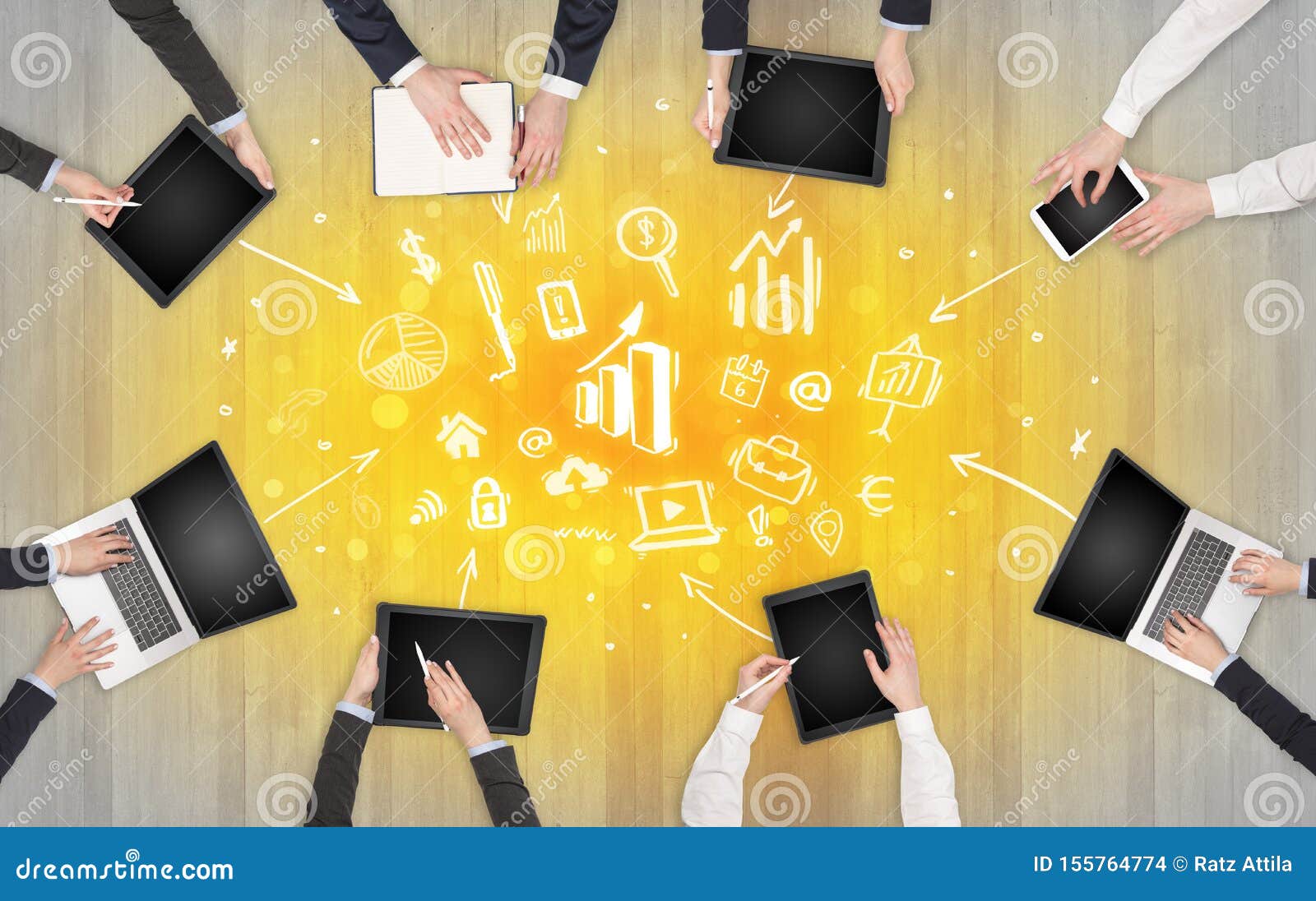 Group of People with Devices in Hands Working on Laptops, Tablets in ...