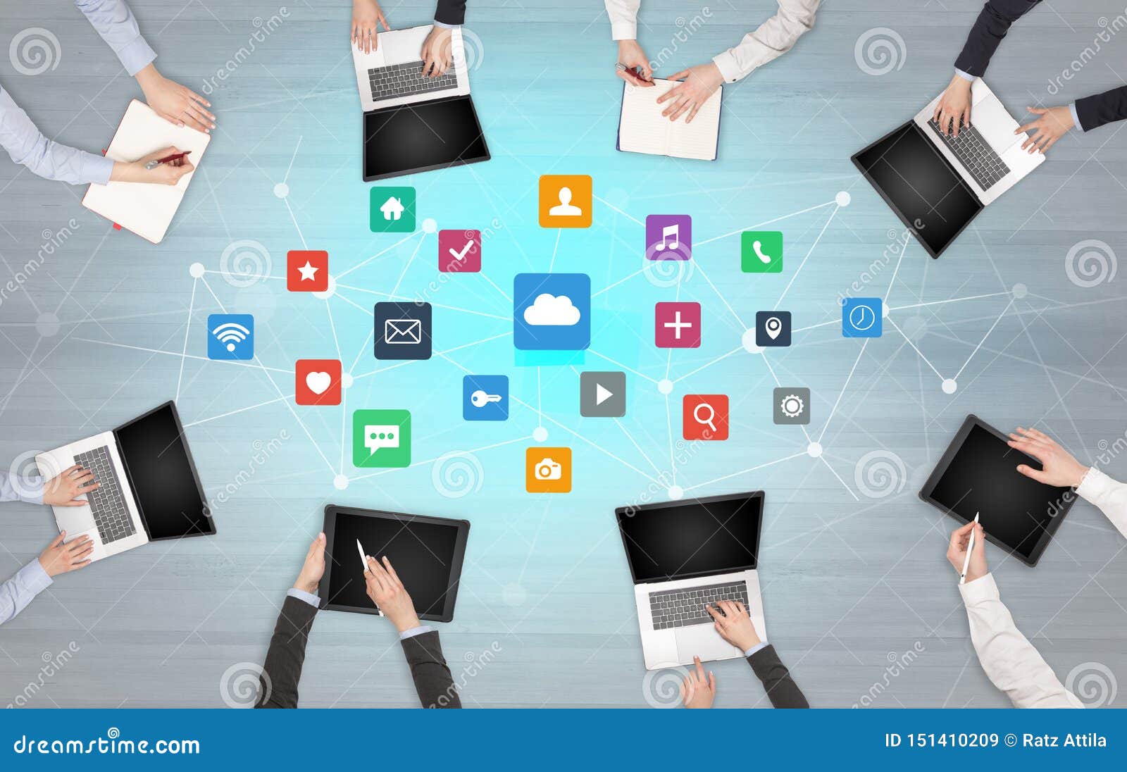 Group of People with Devices in Hands Working on Laptops and Tablets ...