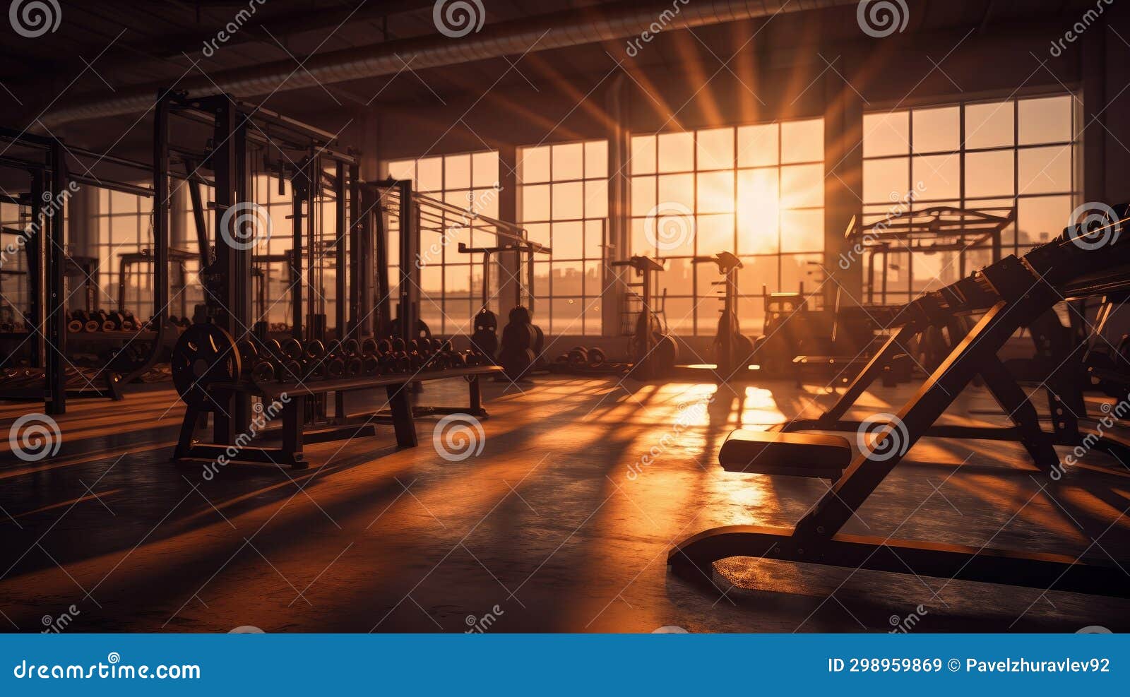 Group of People Doing Fitness Exercise in Gym at Sunset. 3d Rendering ...