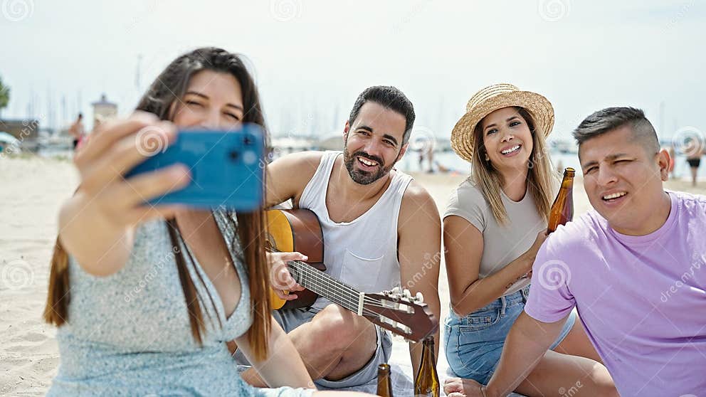 Group of People Doing Video Call Having Party at Beach Stock Photo ...