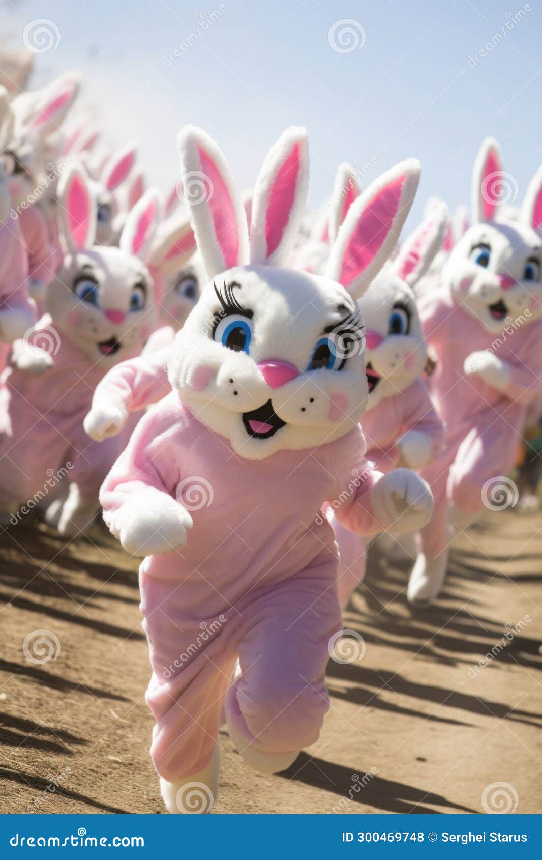 A Group of People Dressed As Bunny Rabbits Running Down a Dirt Road, AI ...