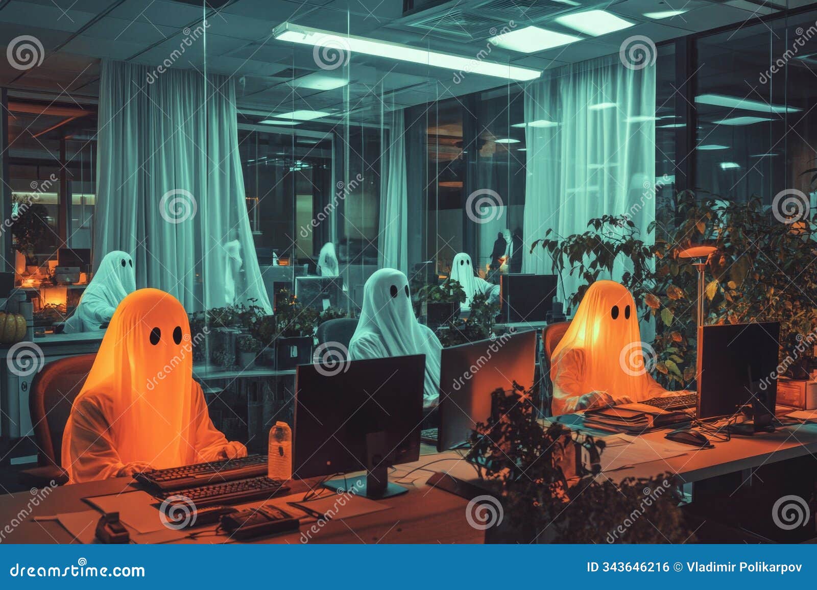 A Group of People Dressed As Ghosts Working at Desks Stock Photo ...