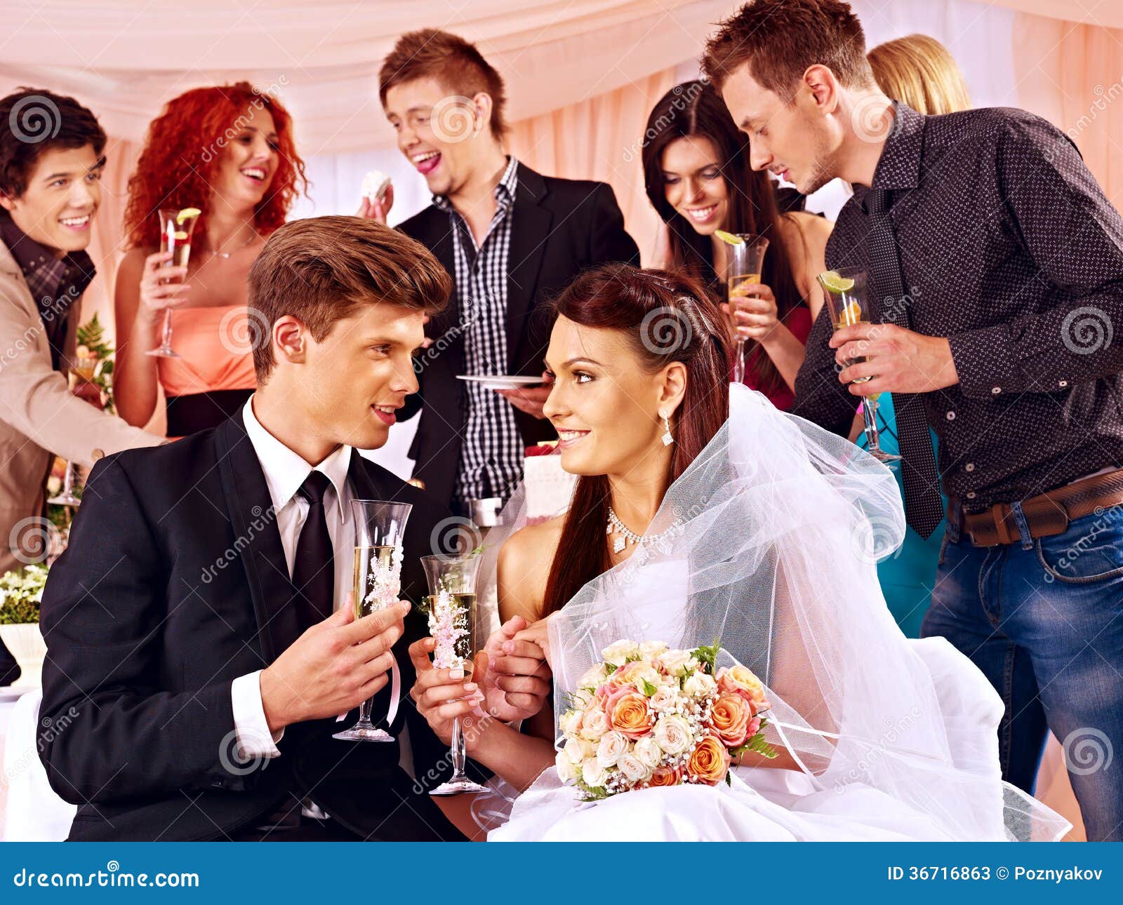 Group People Drinking Champagne at Wedding. Stock Image - Image of ...