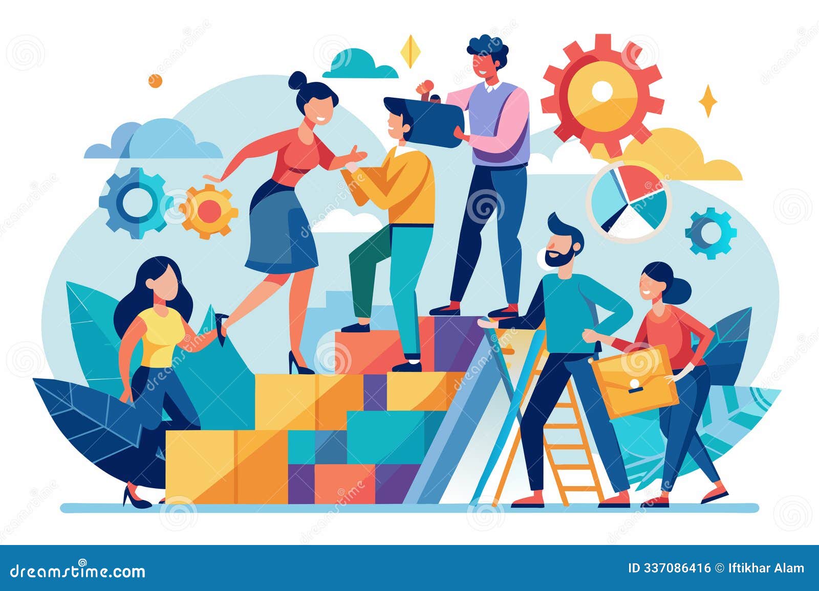 A Group of People Engaged in Teamwork, Climbing Steps while Sharing ...