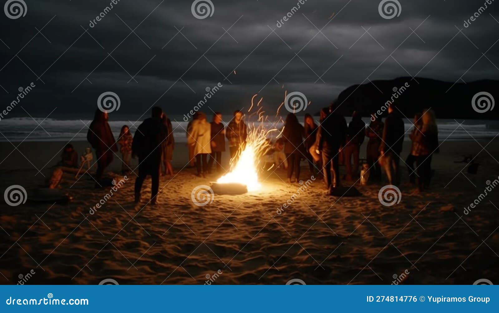Group of People Enjoy Campfire on Beach Generated by AI Stock ...