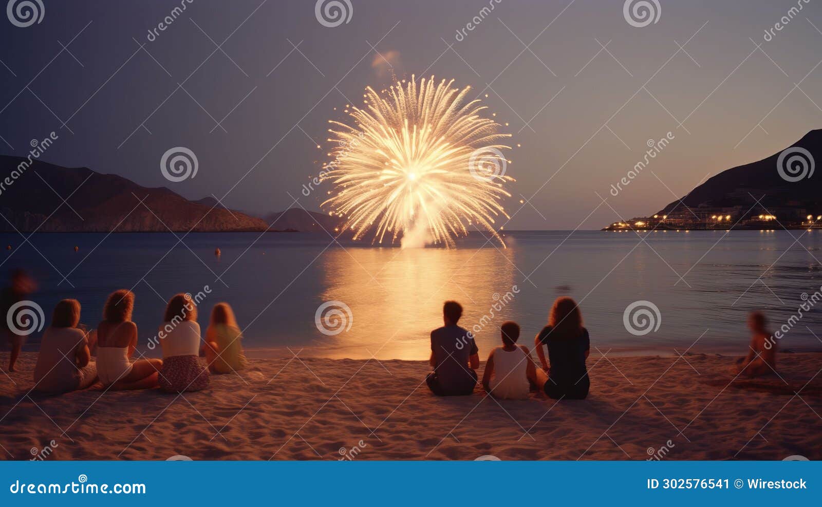 Group of People Enjoying Fireworks while Sitting on the Sandy Beach, AI ...