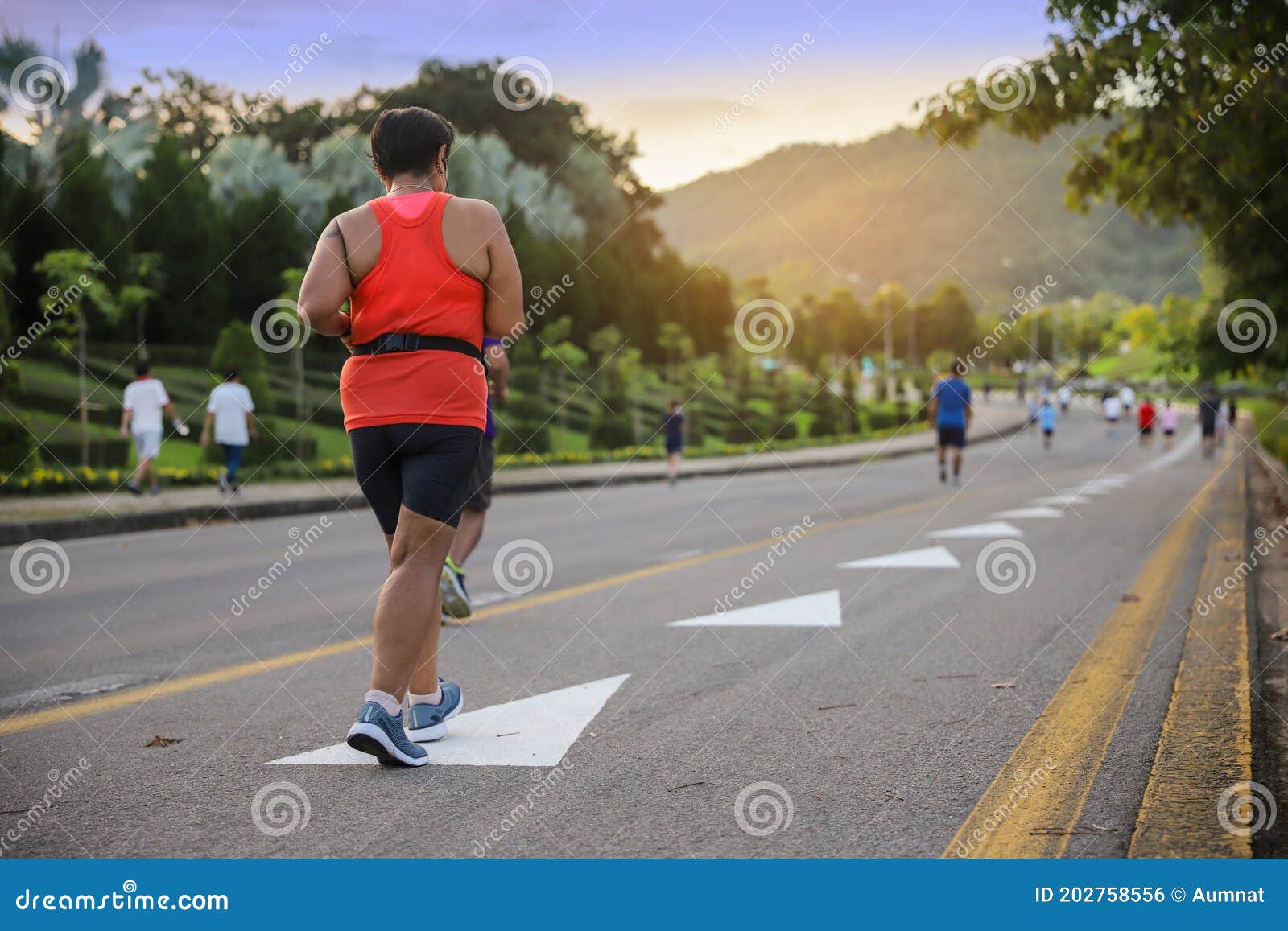Group of People Exercise Walking, Running at the Nature Park on Sunset ...