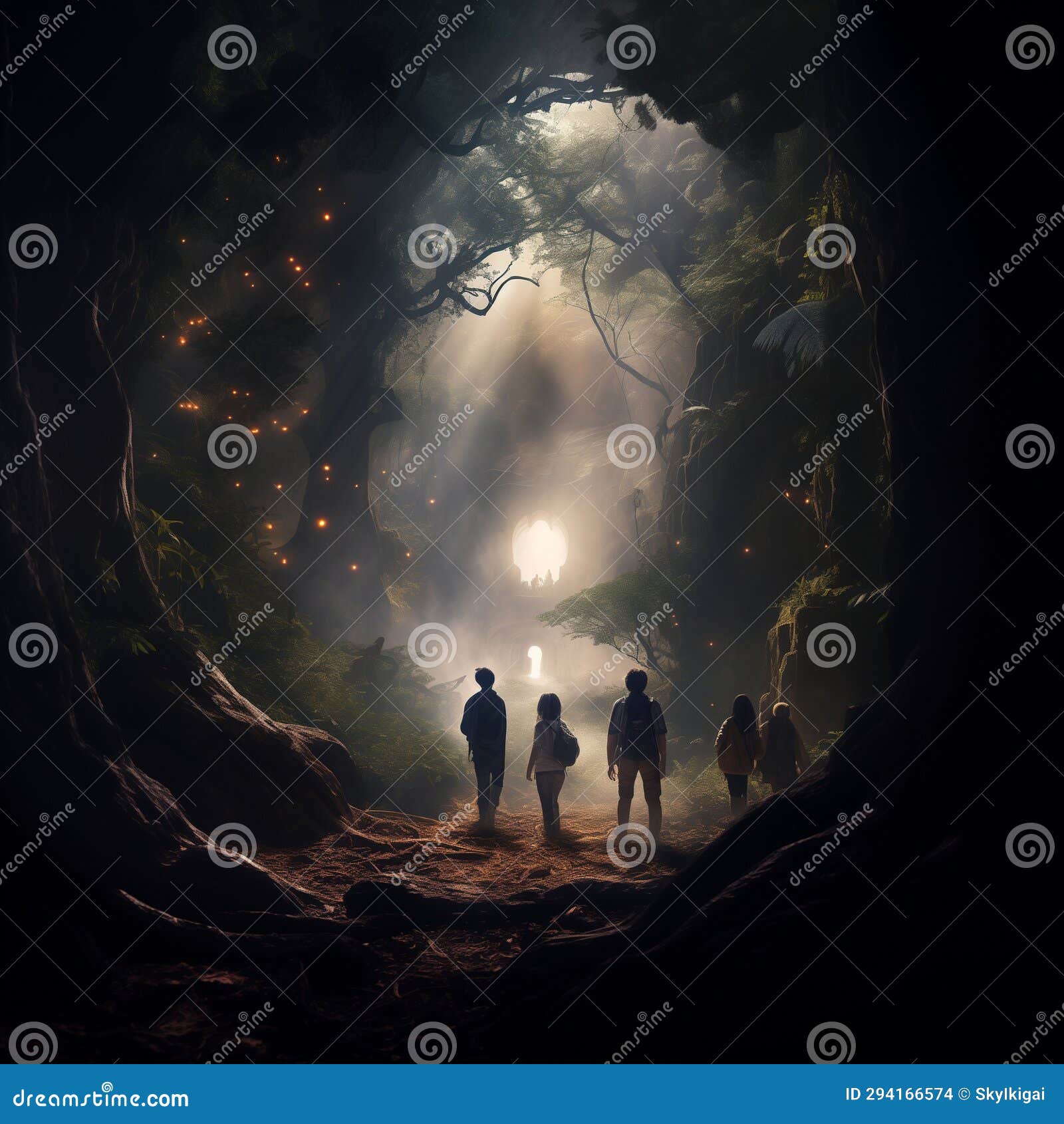 Group of People in the Fantasy Cave in the Mystical Forest Stock ...