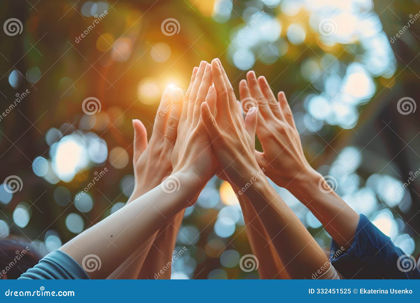 Group High Five Celebrating Teamwork Outdoors Stock Image - Image of ...