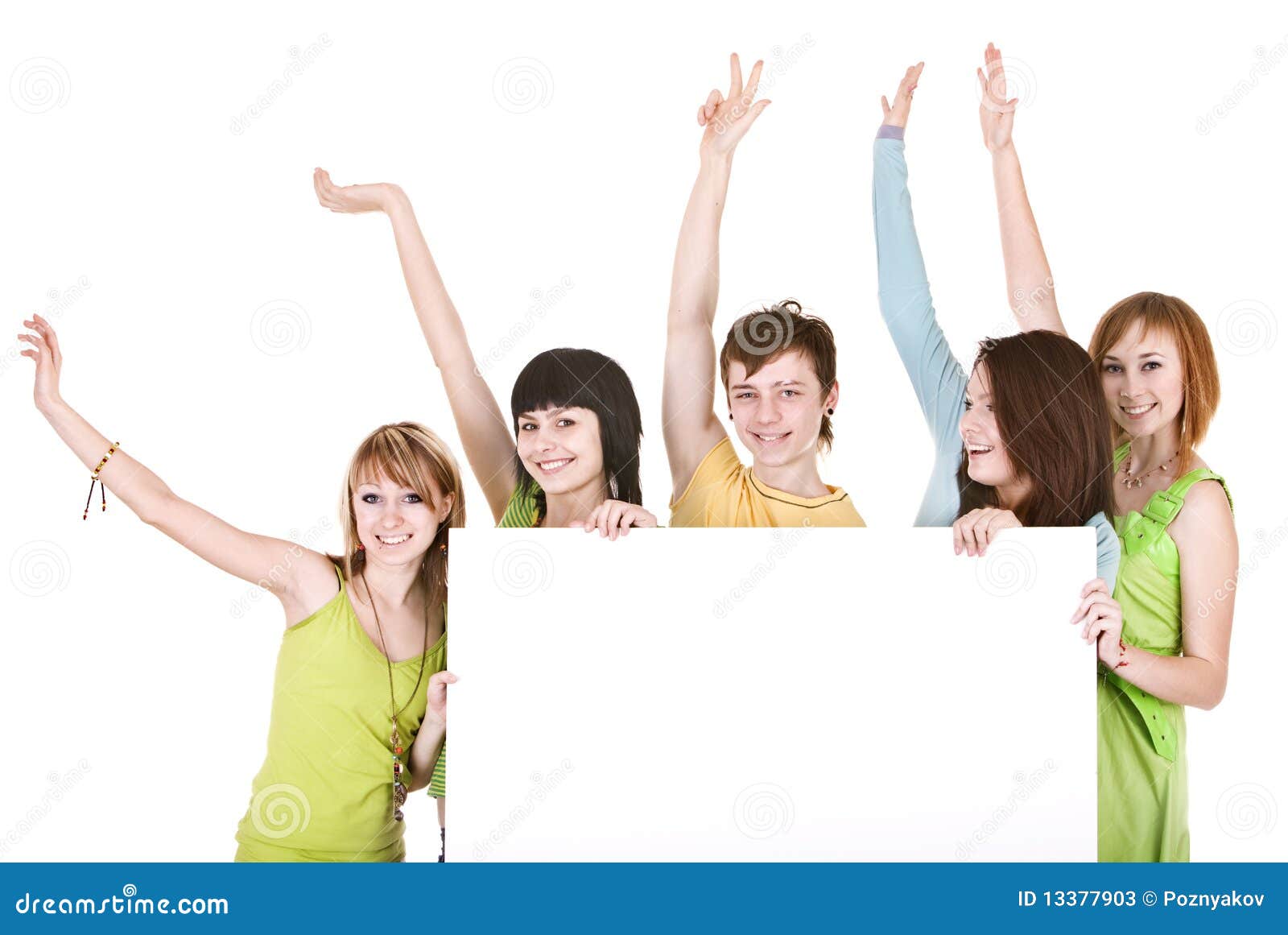 Group of People with Hand Up Take Banner. Stock Image - Image of ...