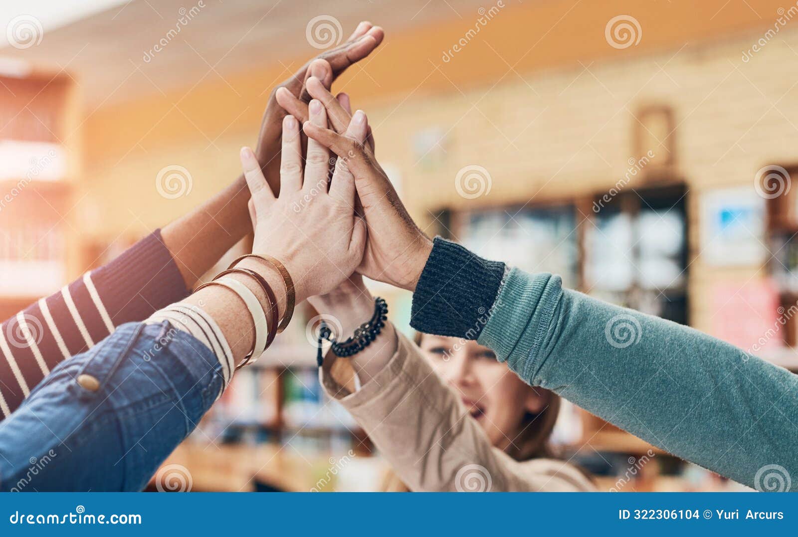 Group, People and Hands for High Five of Education with Celebration of ...