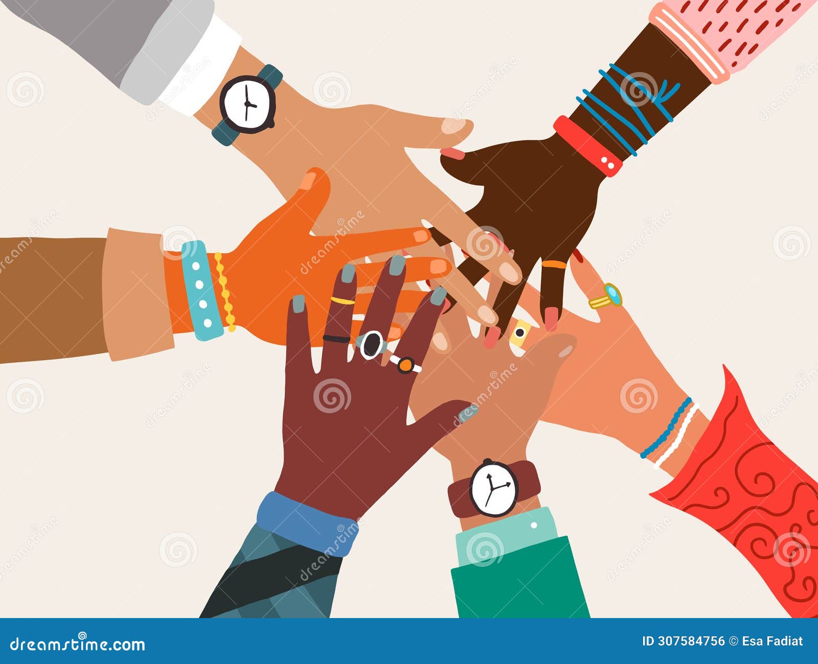 Group of People Hands Together. Vector Illustration in Flat Cartoon ...