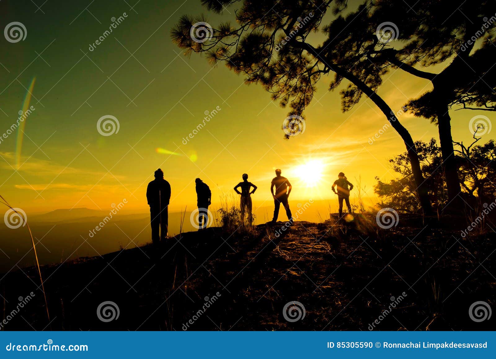 Group of People, Happy Hiking Standing on a Cliff Side with Arms Raised ...