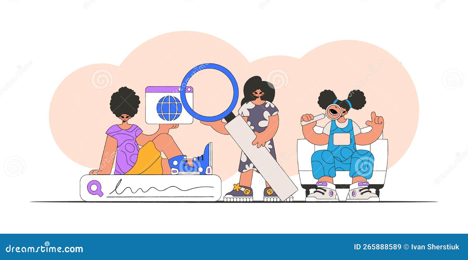 A Group of People Help Find Information on the Internet. Bright Trend ...