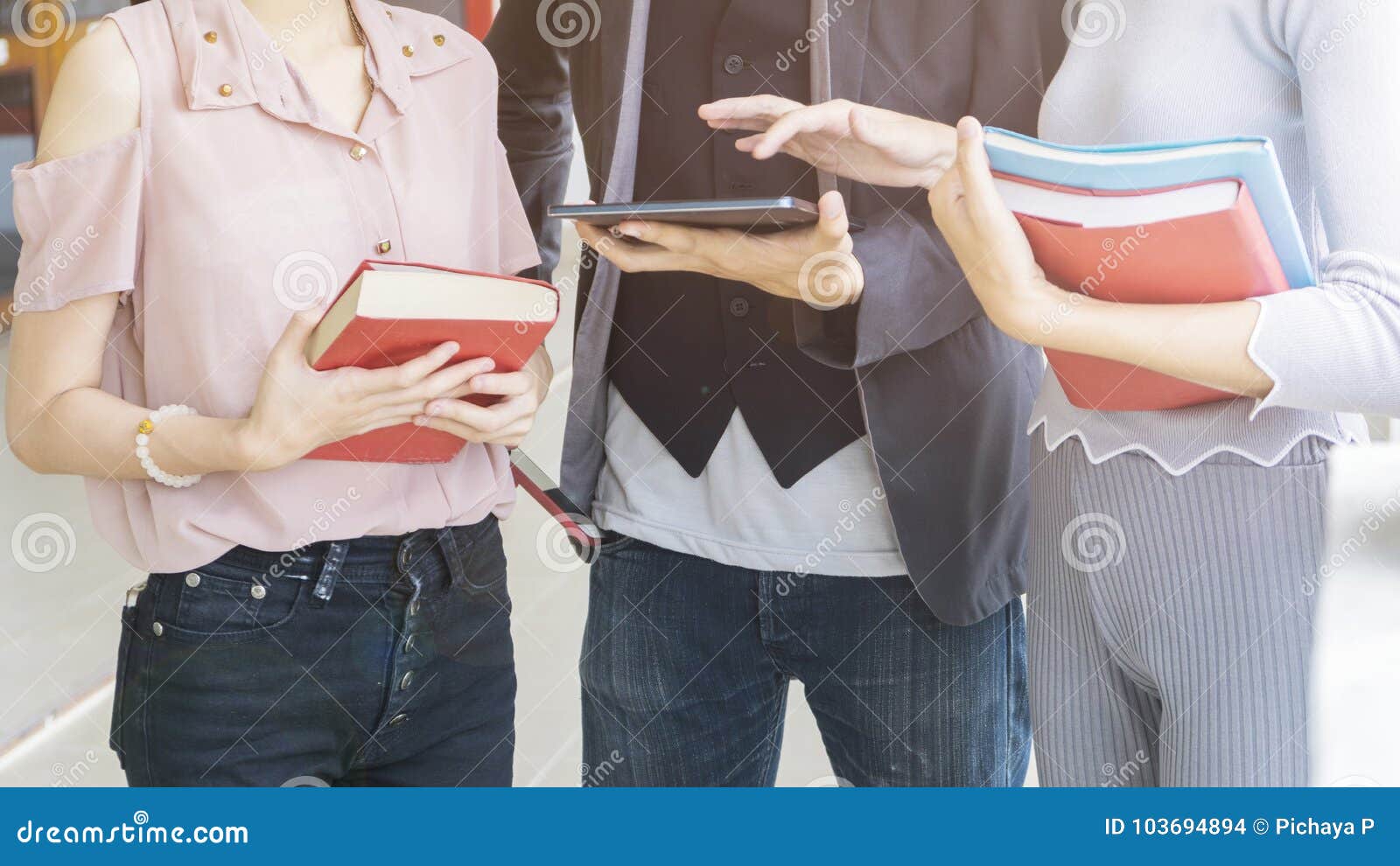 Group of People Hold the Book and Stationary Use and Touch. Stock Photo ...