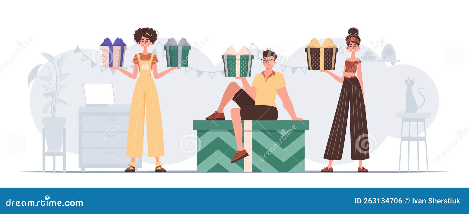 A Group of People is Holding a Gift Box in Their Hands. Modern Flat ...